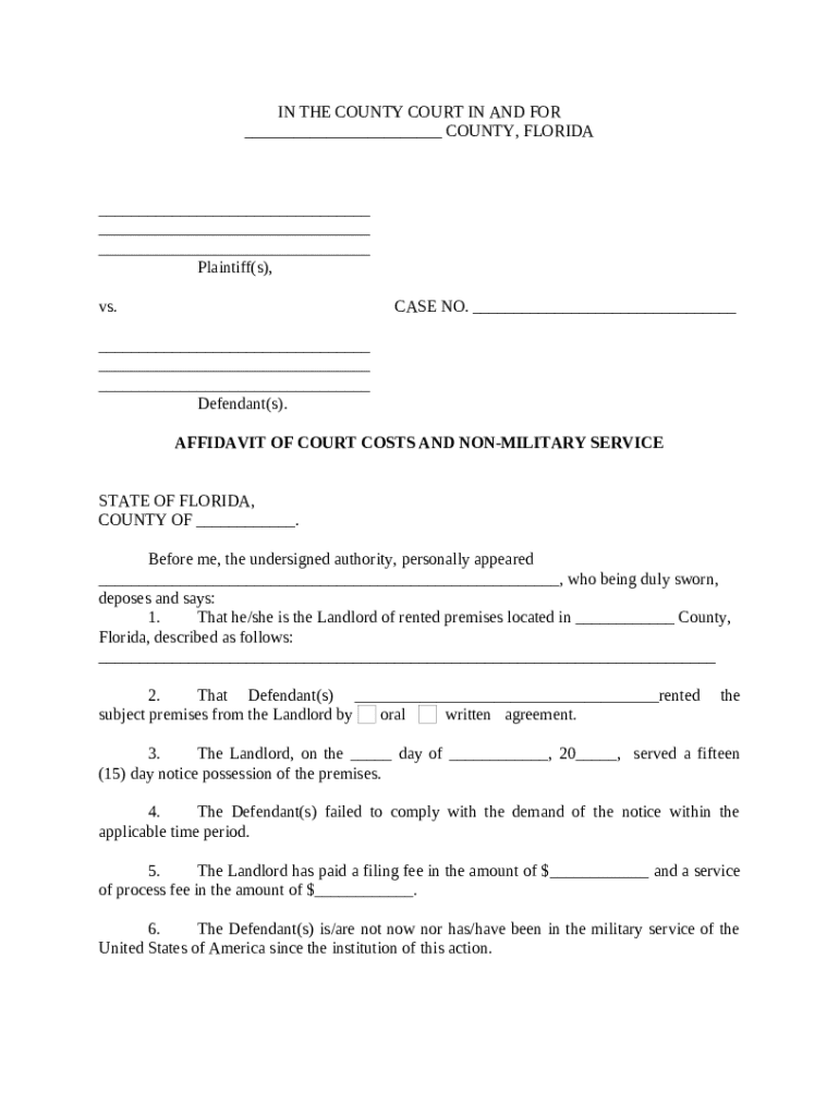 Affidavit of Court Cost and Non-military Service Doc Template | pdfFiller