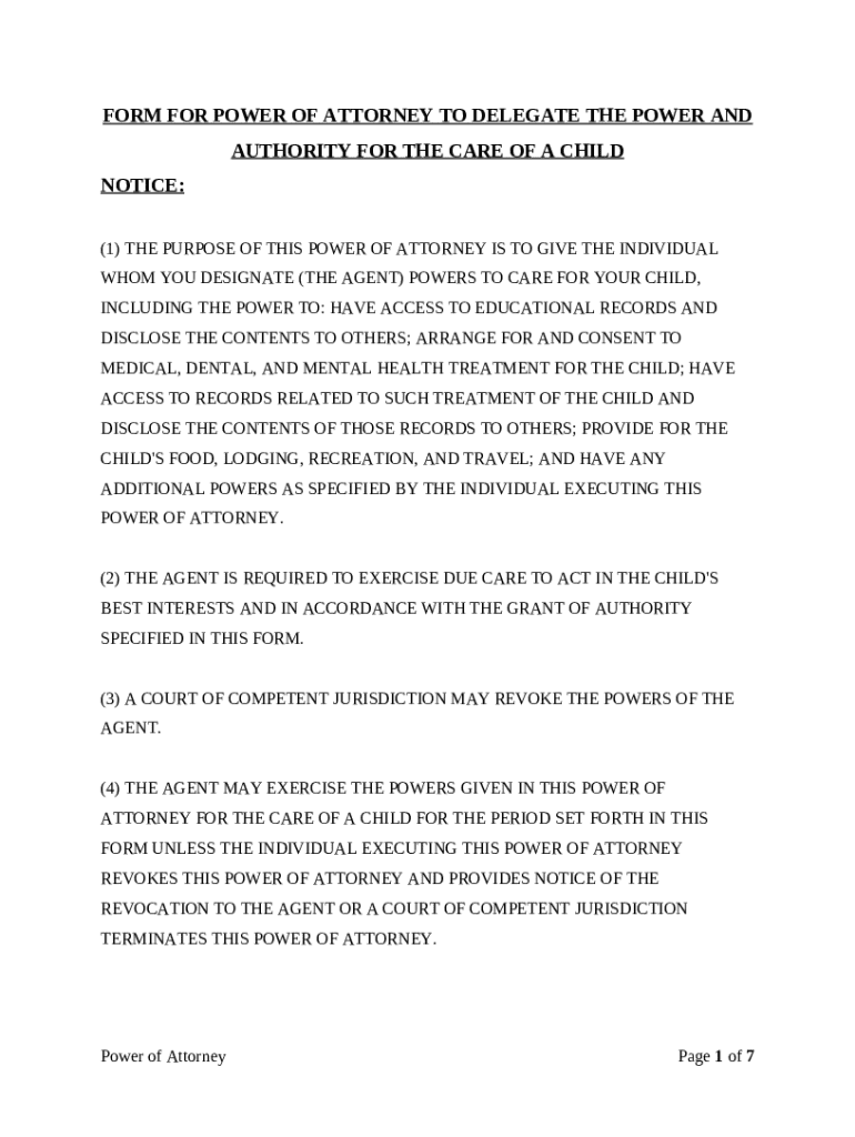 Statutory Power of Attorney to delegate the power and authority for the care of a child Doc ...