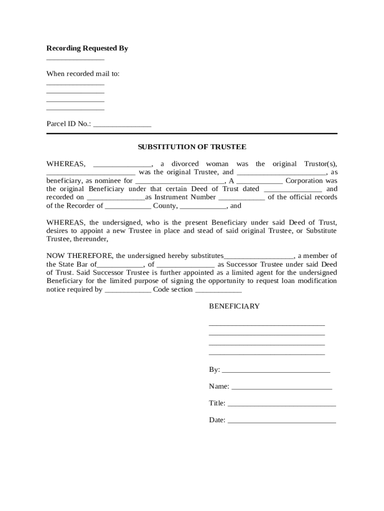 Substitution of Trustee Form - Blank Fillable Template | Fill Out ...