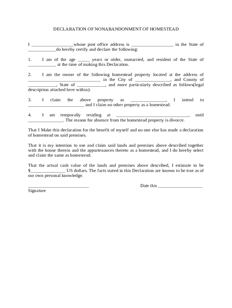 Declaration of Nonabandonment of Homestead Doc Template | pdfFiller
