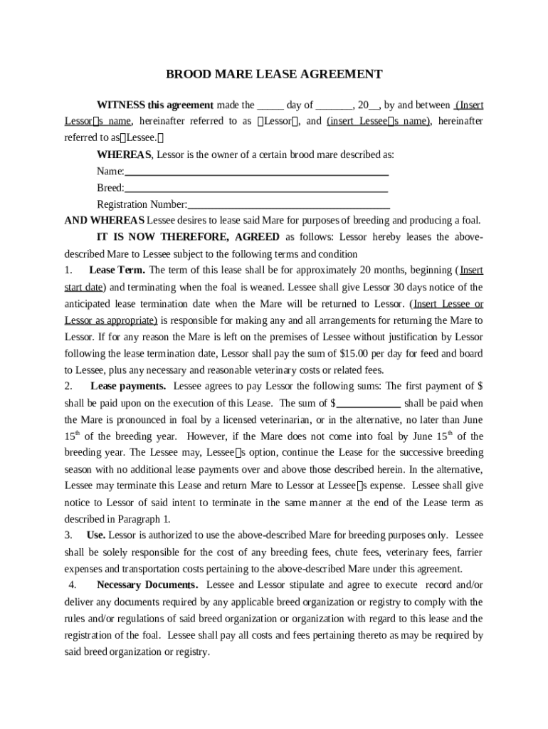 Brood Mare Lease Agreement Doc Template | pdfFiller