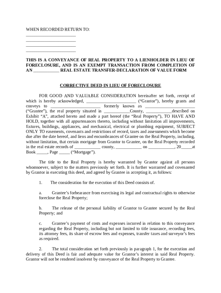 Corrective Deed in Lieu of Foreclosure Doc Template | pdfFiller