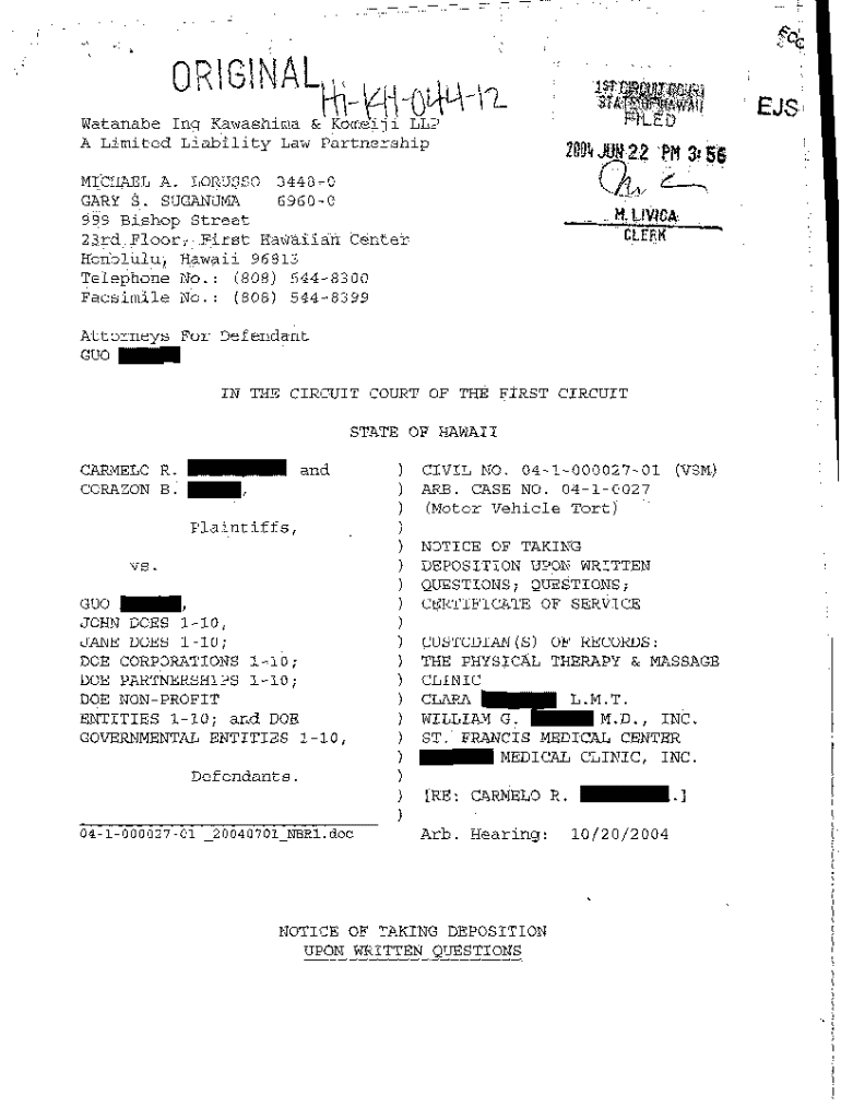 Fillable Online A12 Notice of Taking Deposition Upon Written Questions ...