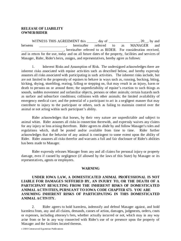 Release of Liability Owner/rider Doc Template | pdfFiller