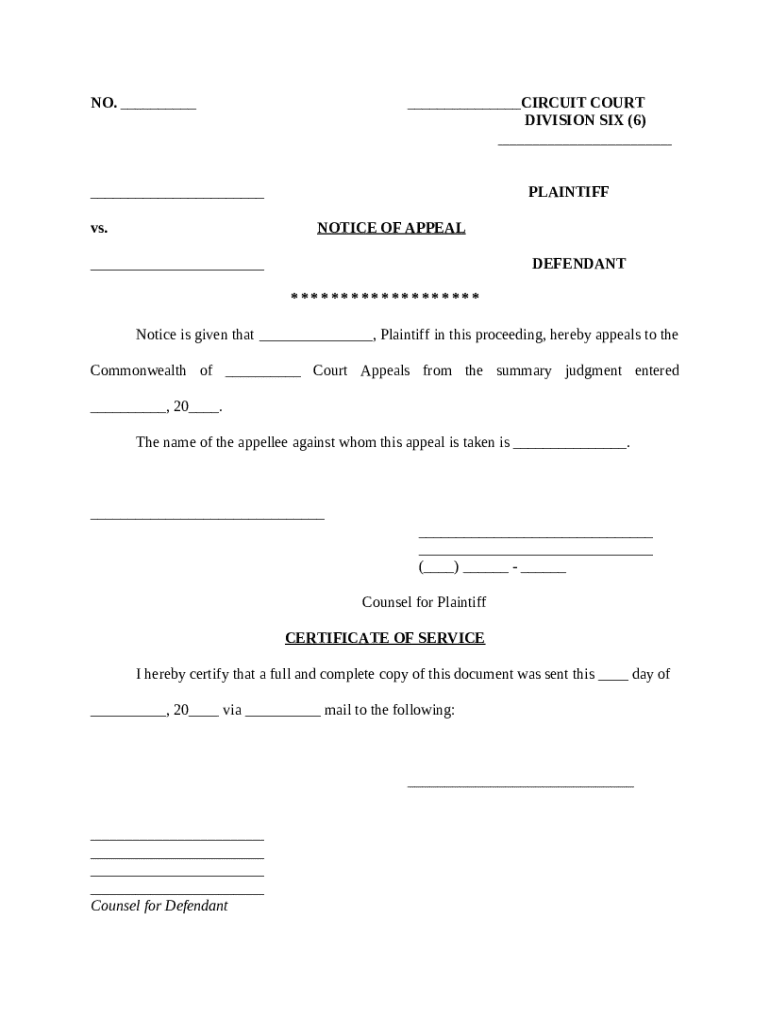 Notice of Appeal Doc Template | pdfFiller