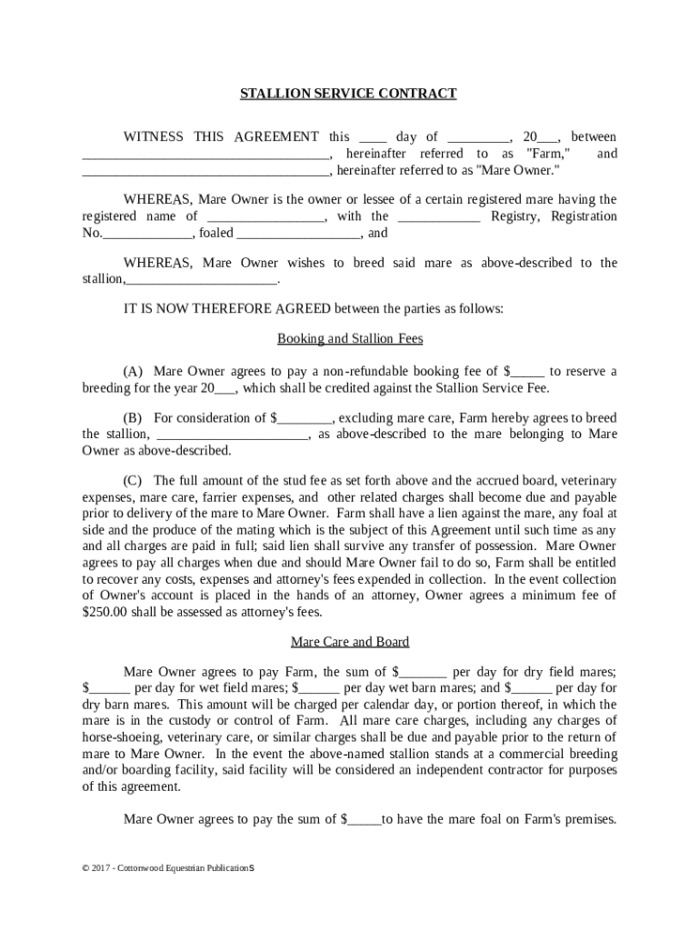 Stallion Service Contract - Horse Equine s Doc Template | pdfFiller