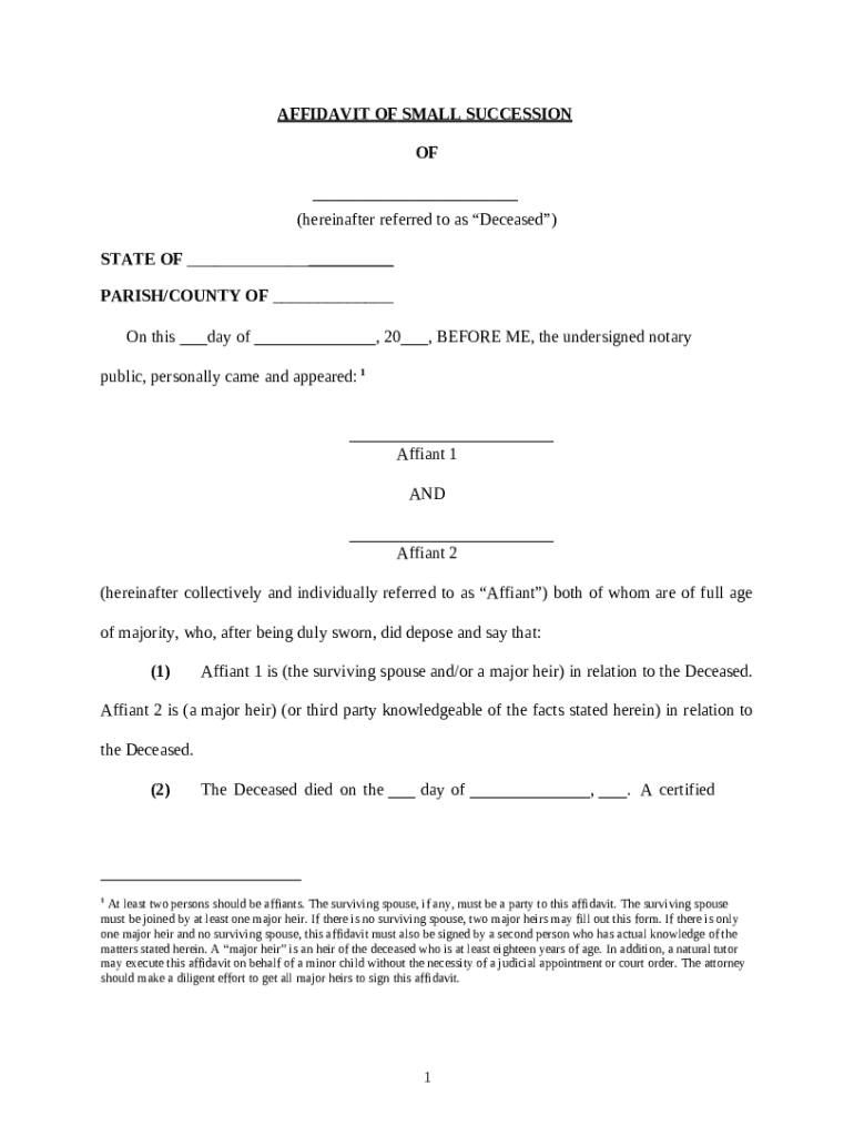 Affidavit of Small Succession Doc Template | pdfFiller