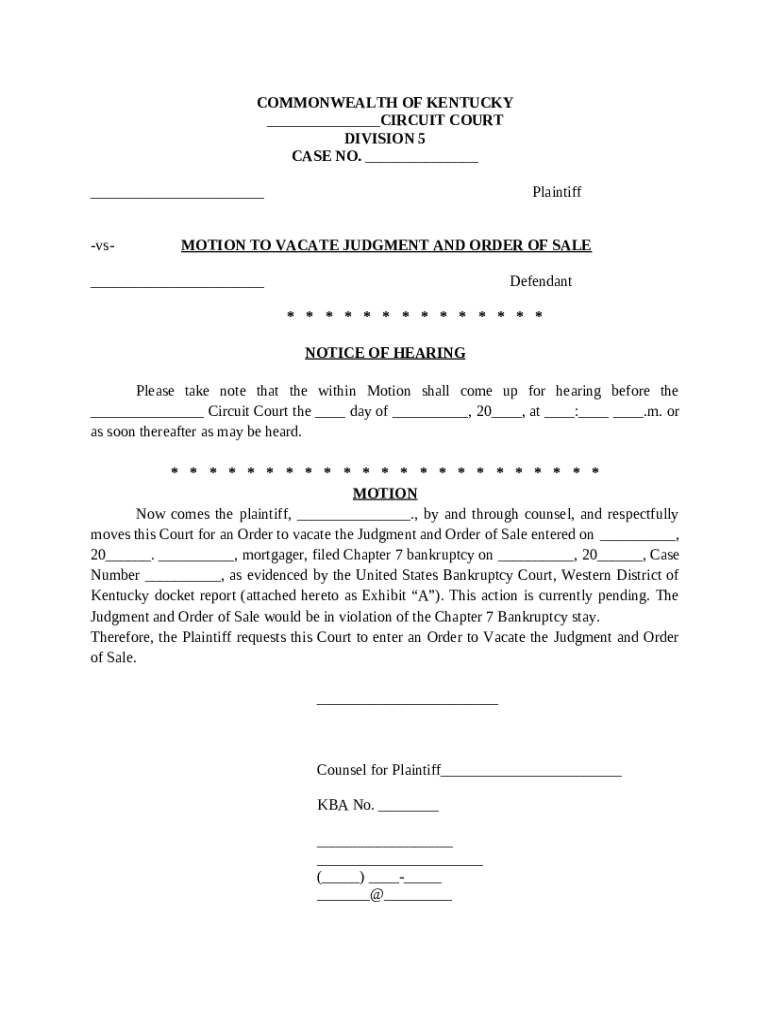 -vs-MOTION TO VACATE JUDGMENT AND ORDER OF SALE Doc Template | pdfFiller