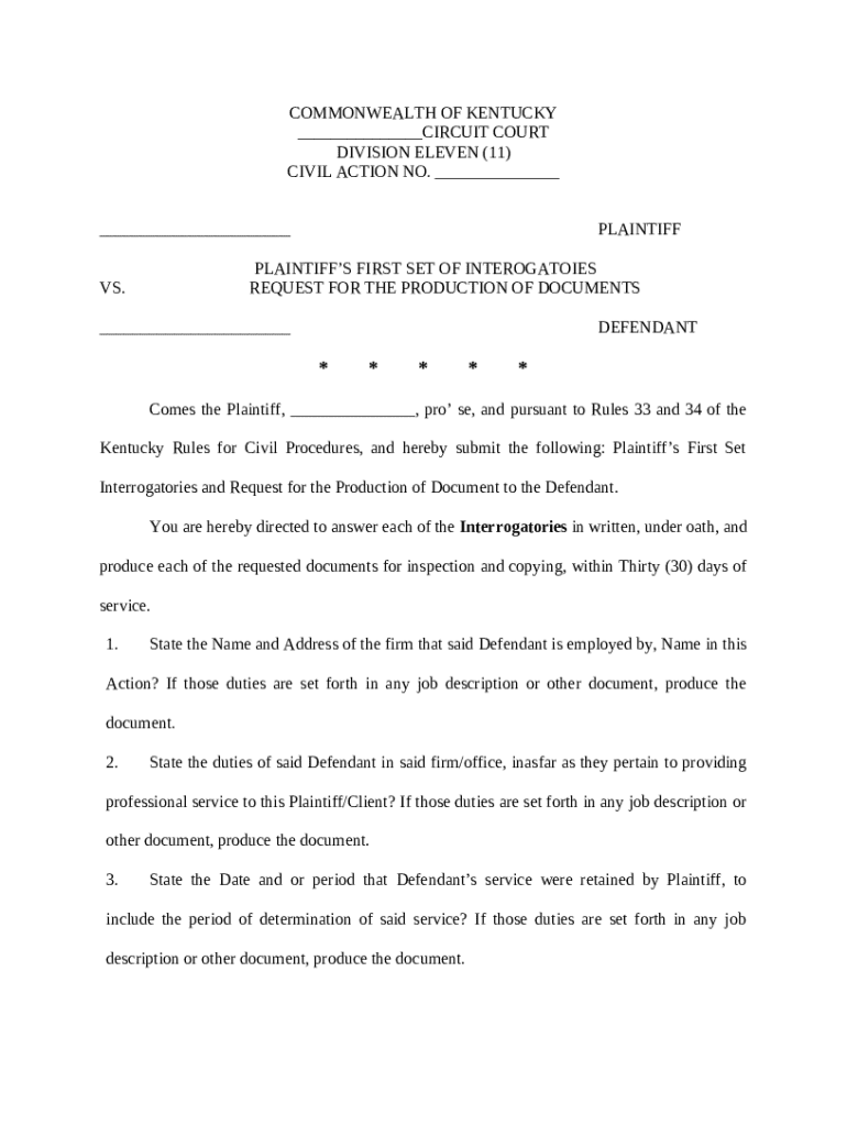 Plaintiff's First Set of Interrogatories Request for the Production Doc Template | pdfFiller