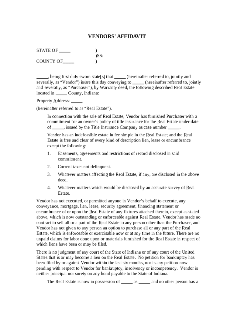 Vendor's Affidavit Doc Template | pdfFiller