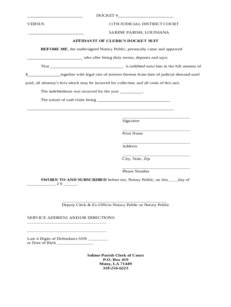 Affidavit of Clerk's Docket Suit Doc Template | pdfFiller