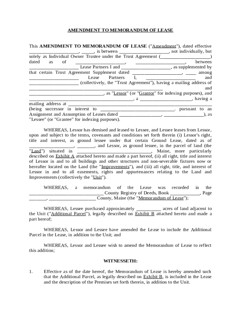 Amendment to Memorandum of Lease Doc Template | pdfFiller