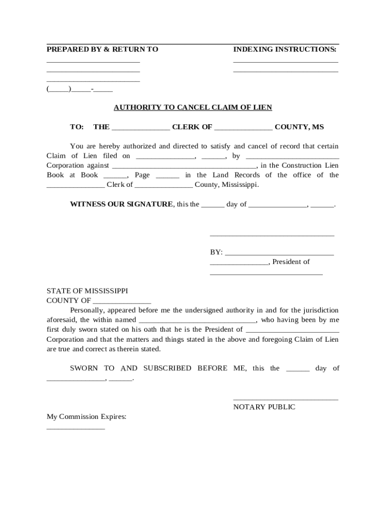 Authority to Cancel Claim of Lien Doc Template | pdfFiller