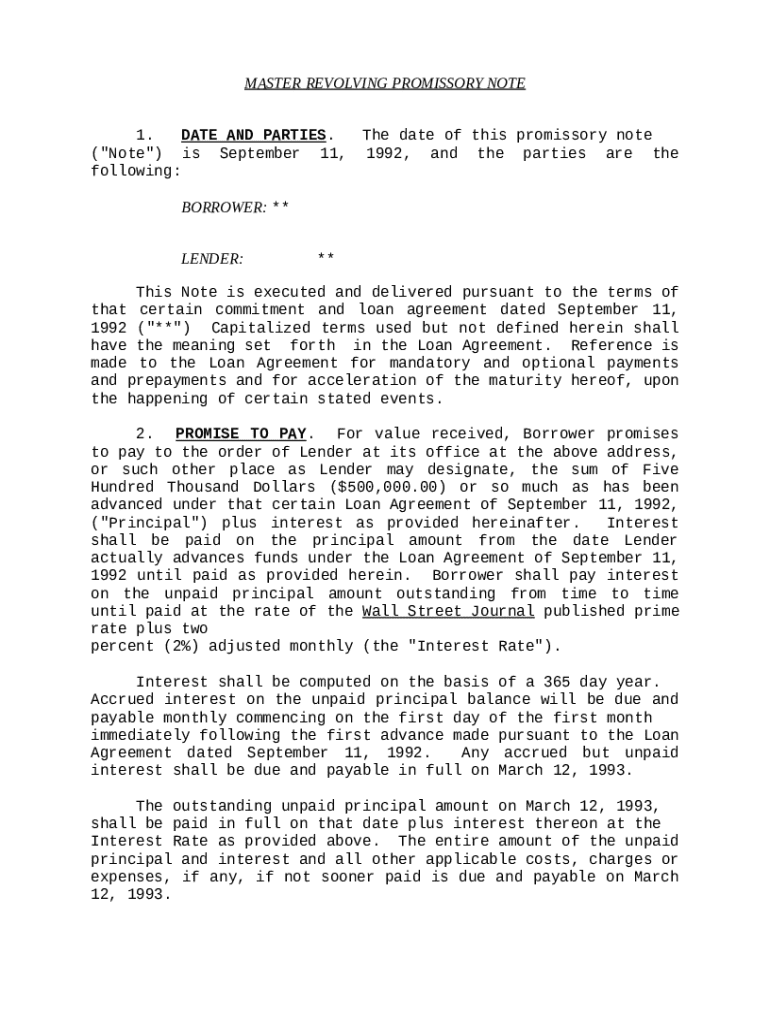 Master Revolving Promissory Note - Blank Fillable Template | Fill Out ...