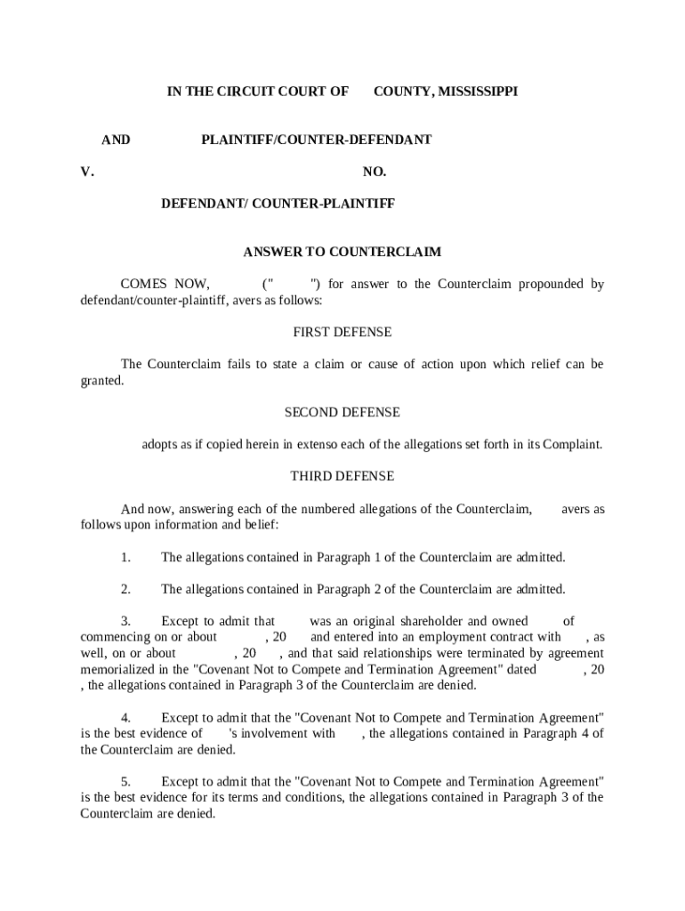 COMES NOW,("") for answer to the Counterclaim propounded by defendant/counter-plaintiff, avers ...