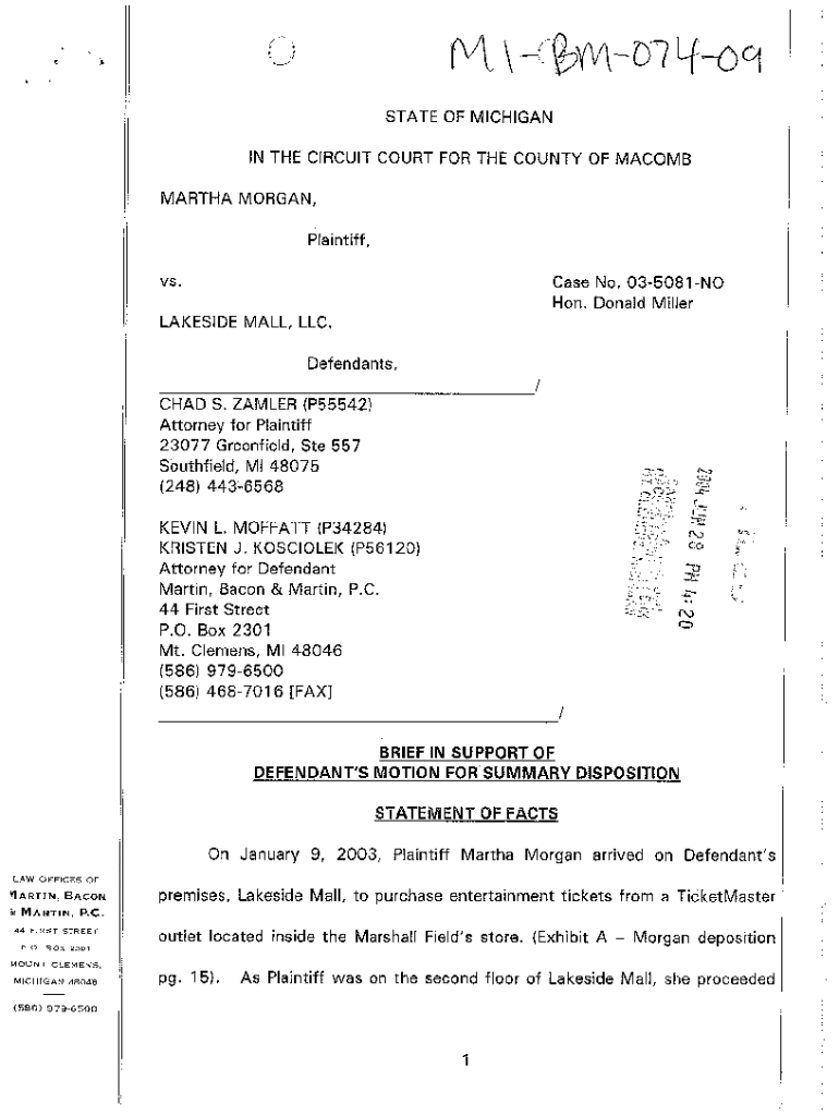 A09 Brief In Support of Defendant's Motion for Summary Disposition ...