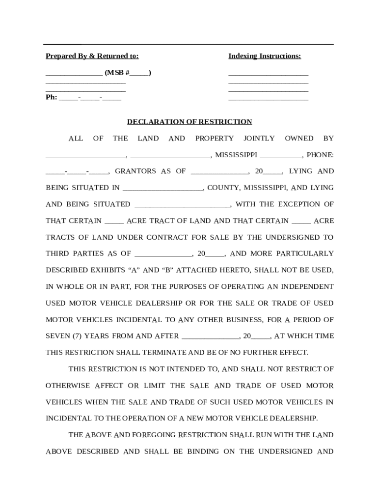 Declaration of Restriction Doc Template | pdfFiller
