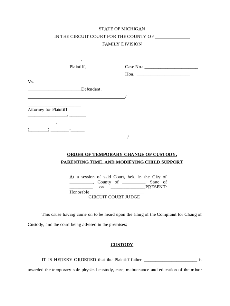 ORDER OF TEMPORARY CHANGE OF CUSTODY, Doc Template | pdfFiller