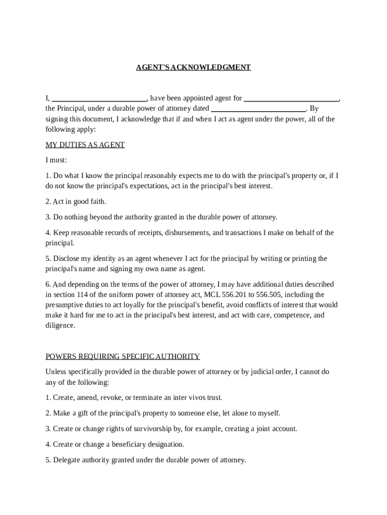 Agent's Acknowledgment Doc Template | pdfFiller
