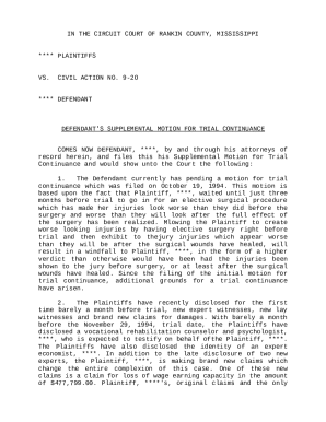 DEFENDANT'S SUPPLEMENTAL MOTION FOR TRIAL CONTINUANCE Doc Template ...