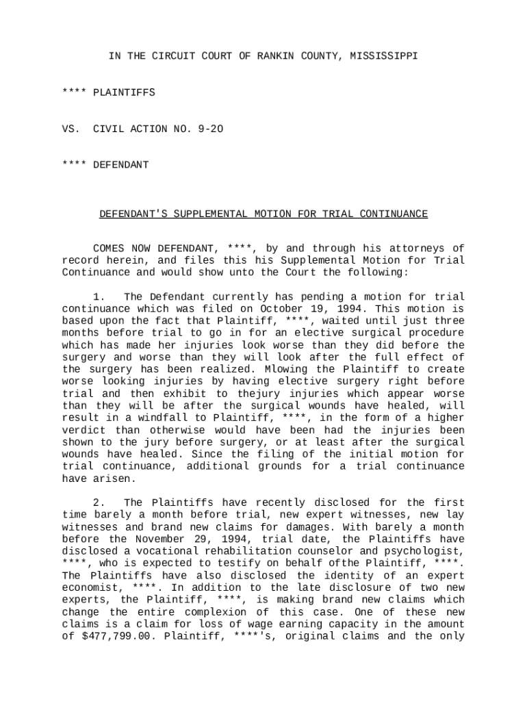 DEFENDANT'S SUPPLEMENTAL MOTION FOR TRIAL CONTINUANCE Doc Template ...