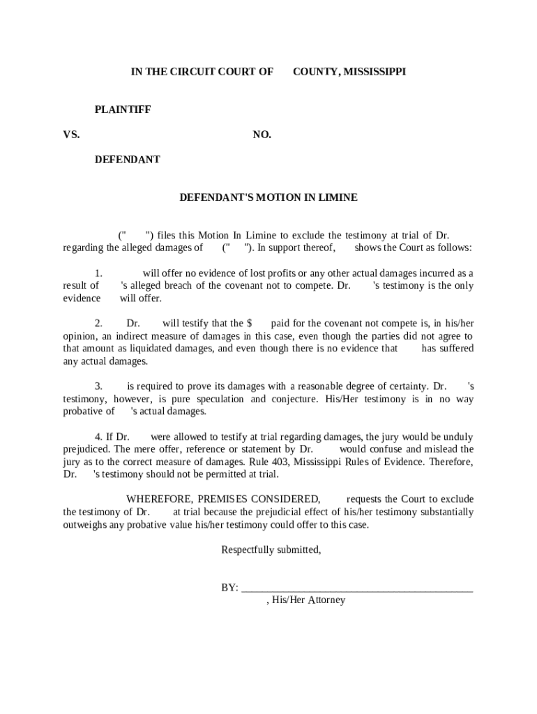 Defendant's Motion in Limine Doc Template | pdfFiller