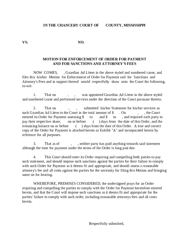 Motion for Enforcement of Order for Payment and for Sanctions and Attorney's Fees Doc Template ...