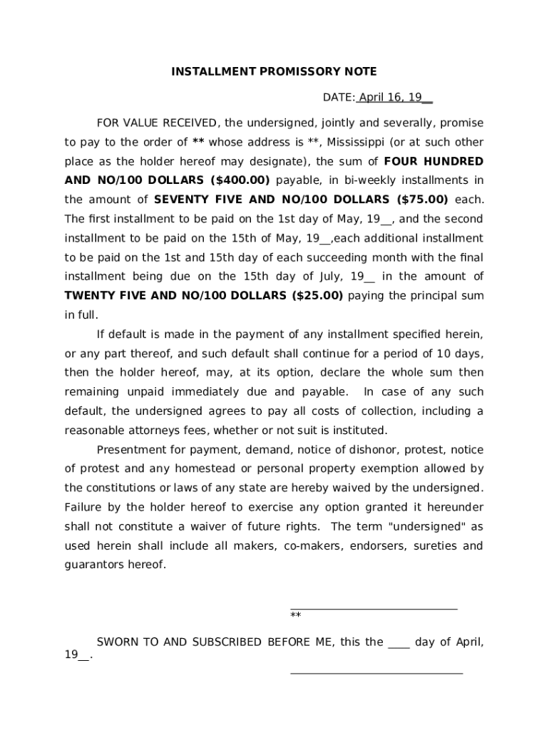 Installment Promissory Note Doc Template | pdfFiller