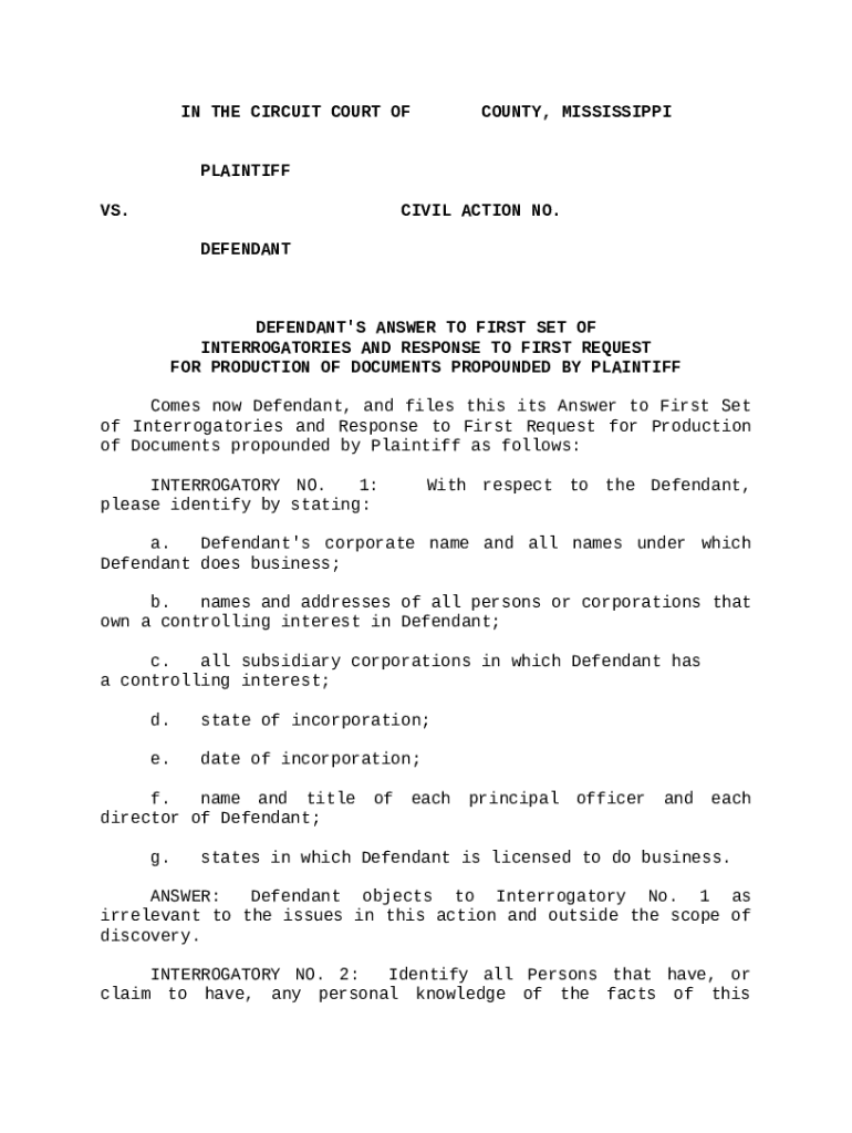 Defendant's Answer to First Set of Interrogatories and Response to First Request for Production ...