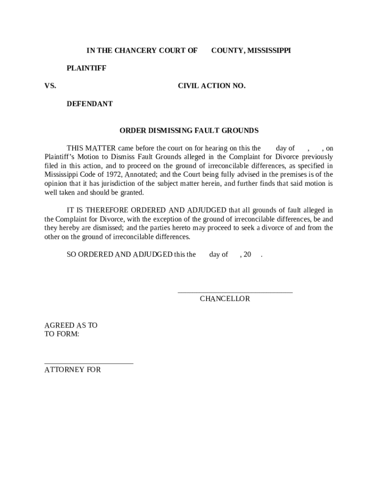 Order Dismissing Fault Grounds Doc Template | pdfFiller