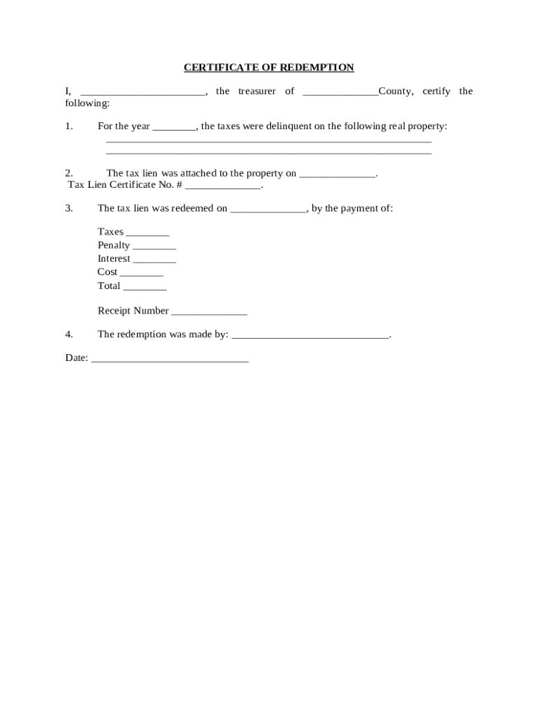 Certificate of Redemption - Blank Fillable Template | Fill Out, Print ...