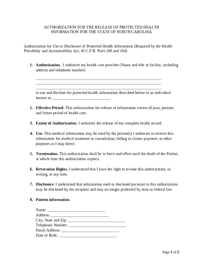 North Carolina Release and Authorization Doc Template | pdfFiller