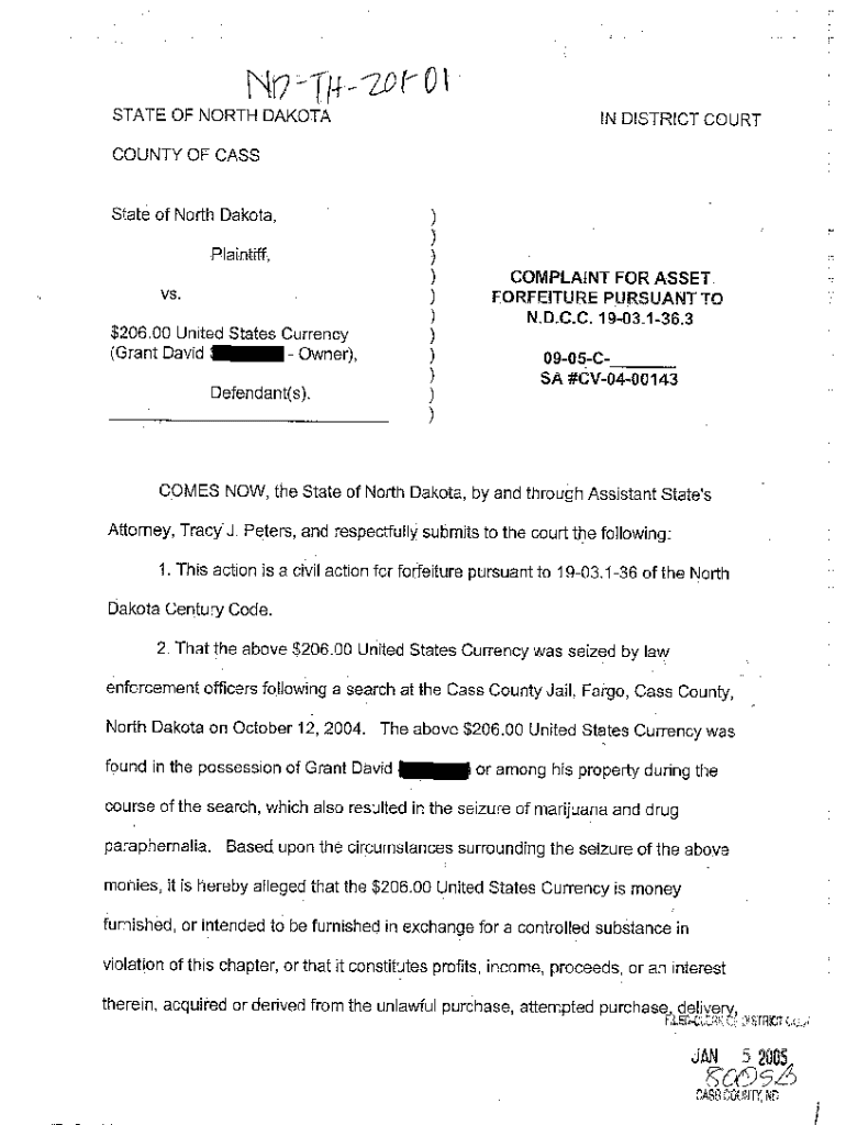 A01 Complaint for Asset Forfeiture regarding Cash Money Seized by Law ...