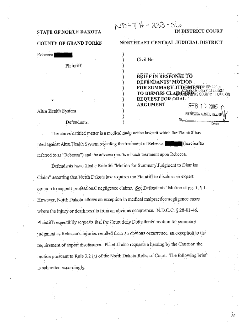 Fillable Online A06 Brief in Response to Defendant's Motion for Summary Judgment to Dismiss ...
