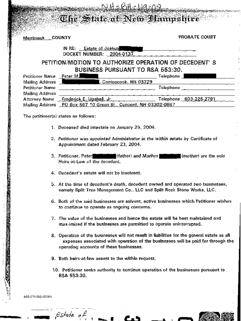 Fillable Online A03 Petition Motion to Authorize Operation of Decedent's Business Fax Email ...