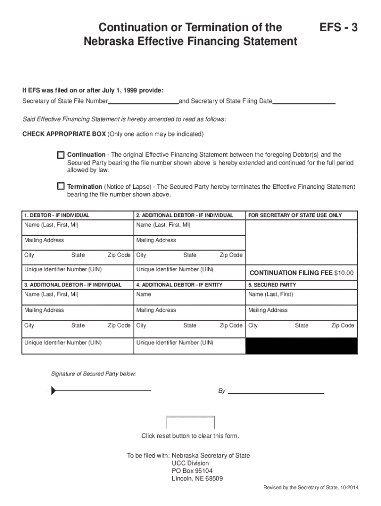Fillable Online Nebraska Continuation or Termination of the Effective Financing Statement Fax ...