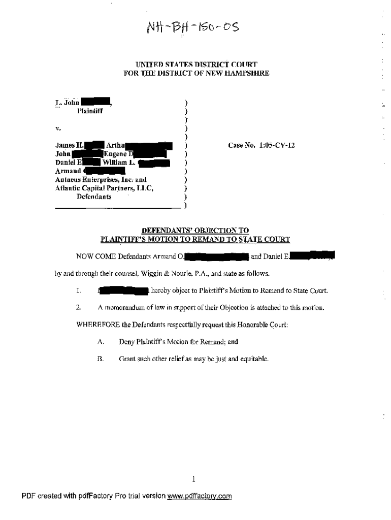 Fillable Online A05 Defendants' Objection to Plaintiff's Motion to ...