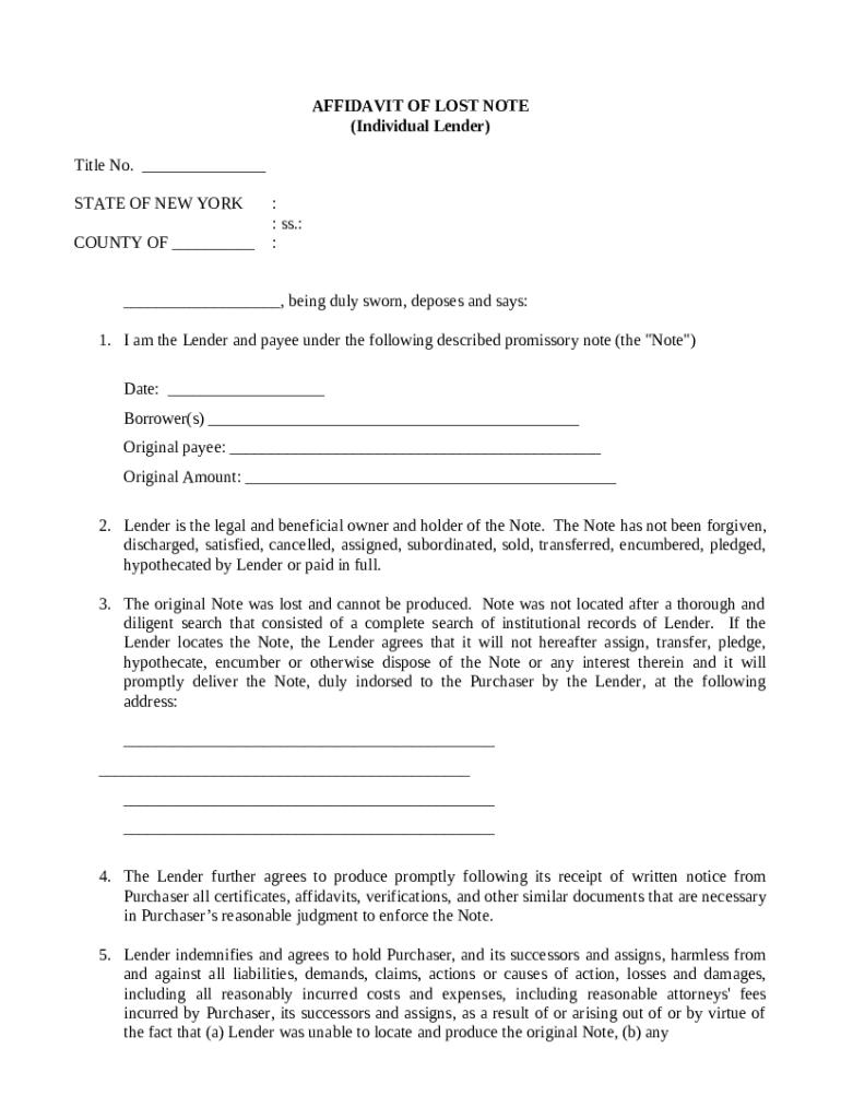 Affidavit of Lost Note Doc Template | pdfFiller