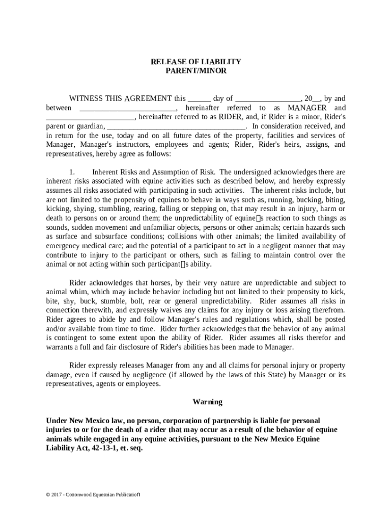 Release of Liability Parent/minor Doc Template | pdfFiller