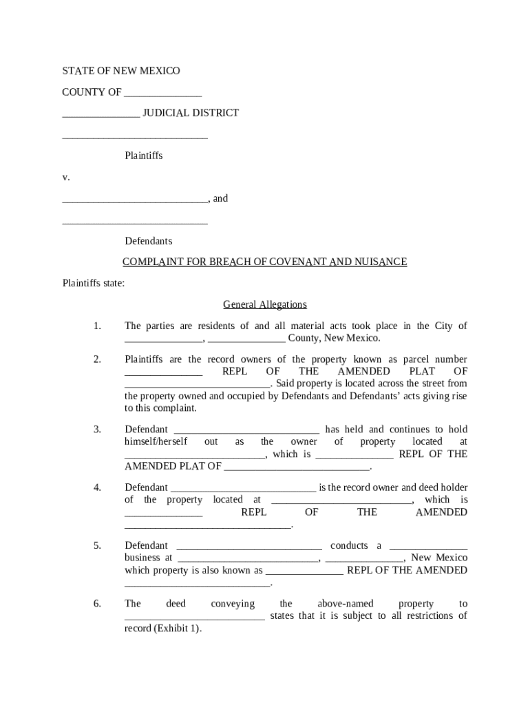 COMPLAINT FOR BREACH OF COVENANT AND NUISANCE Doc Template | pdfFiller