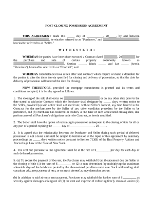 Post-closing Possession Agreement Doc Template | pdfFiller