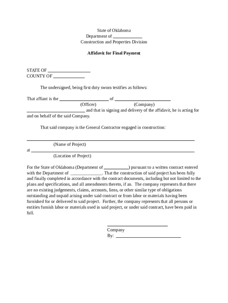 Affidavit for Final Payment Doc Template | pdfFiller