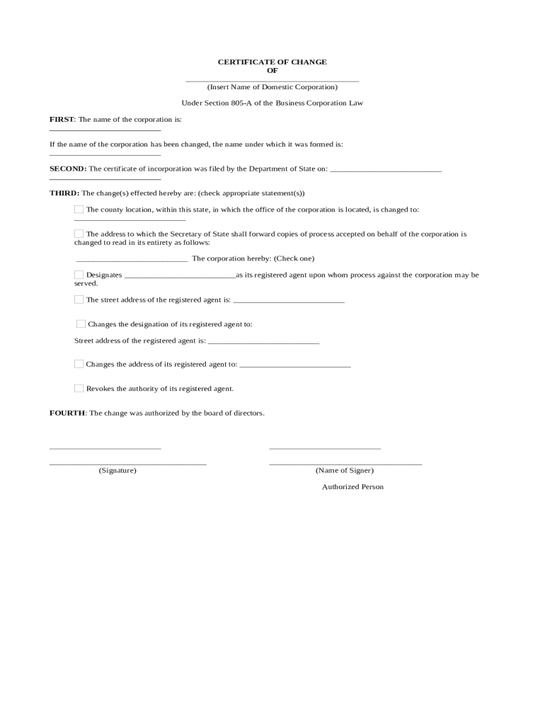 Certificate of Change of Domestic Corporation Doc Template | pdfFiller