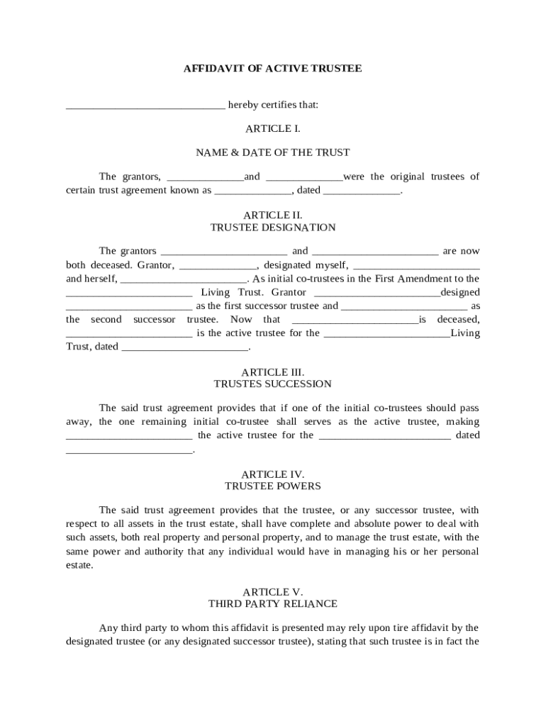 Affidavit of Active Trustee Doc Template | pdfFiller