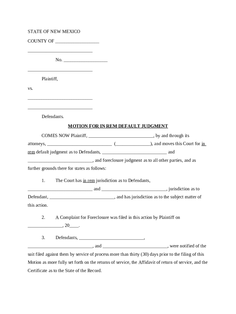 MOTION FOR IN REM DEFAULT JUDGMENT Doc Template | pdfFiller