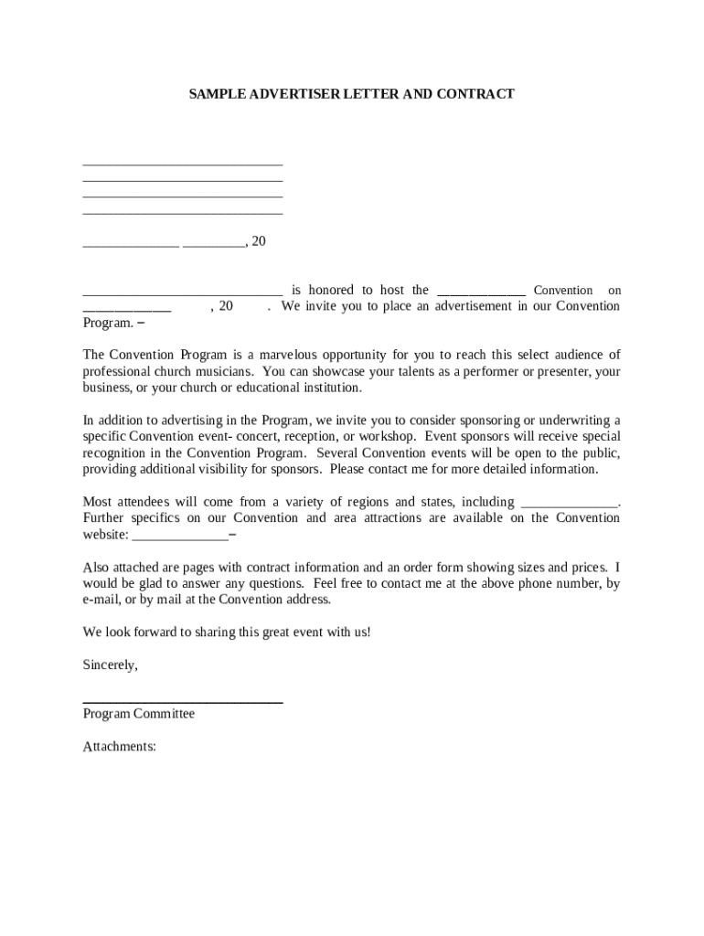 Sample Convention Advertiser Solicitation Letter and Contract Doc Template | pdfFiller