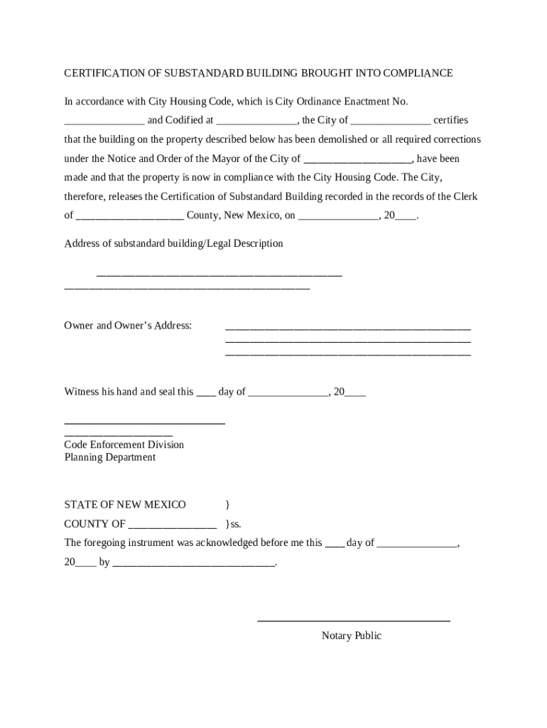 Certification of Substandard Building Brought Into Compliance Doc ...