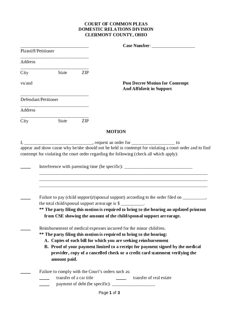 Post Decree Motion for Contempt and Affidavit in Support Doc Template | pdfFiller