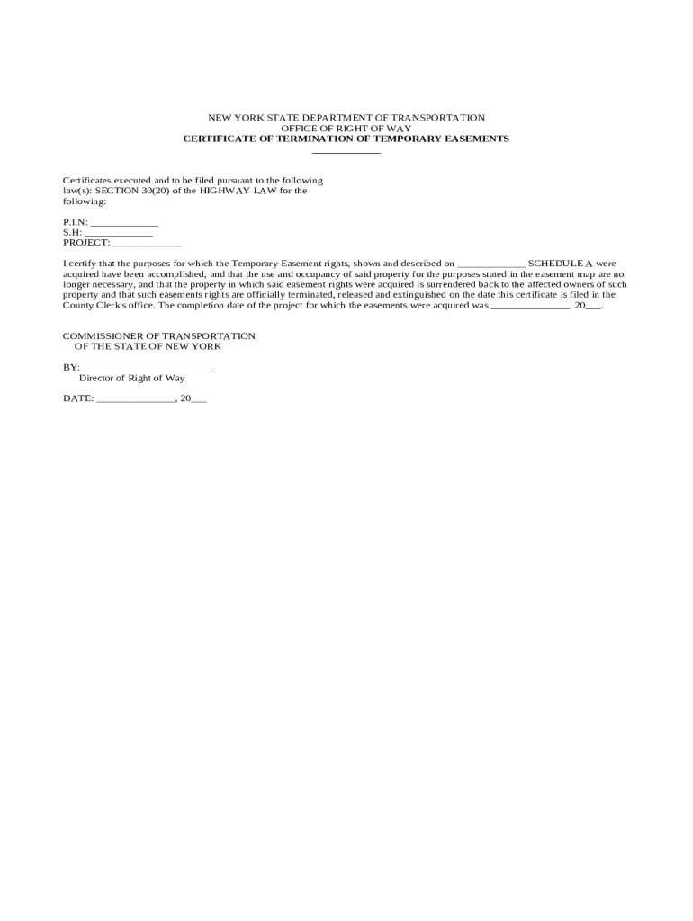Certificate of Termination of Temporary Easements Doc Template | pdfFiller