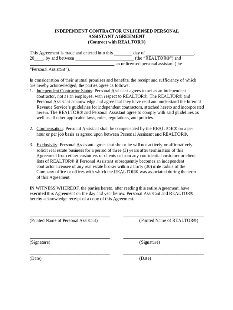 Independent Contractor Unlicensed Personal Assistant Agreement Doc ...